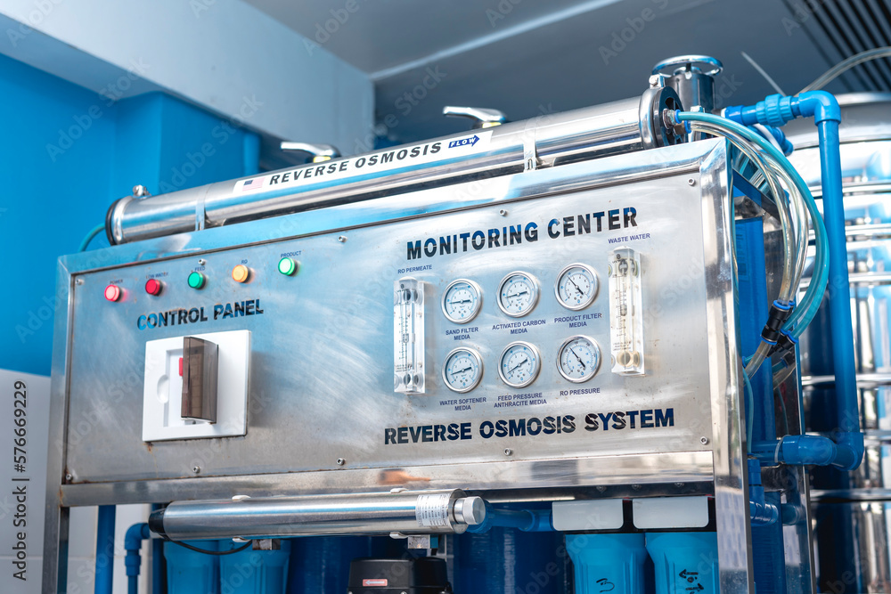 Gauges of the monitoring center of a reverse osmosis water refilling station. Stock Photo ...