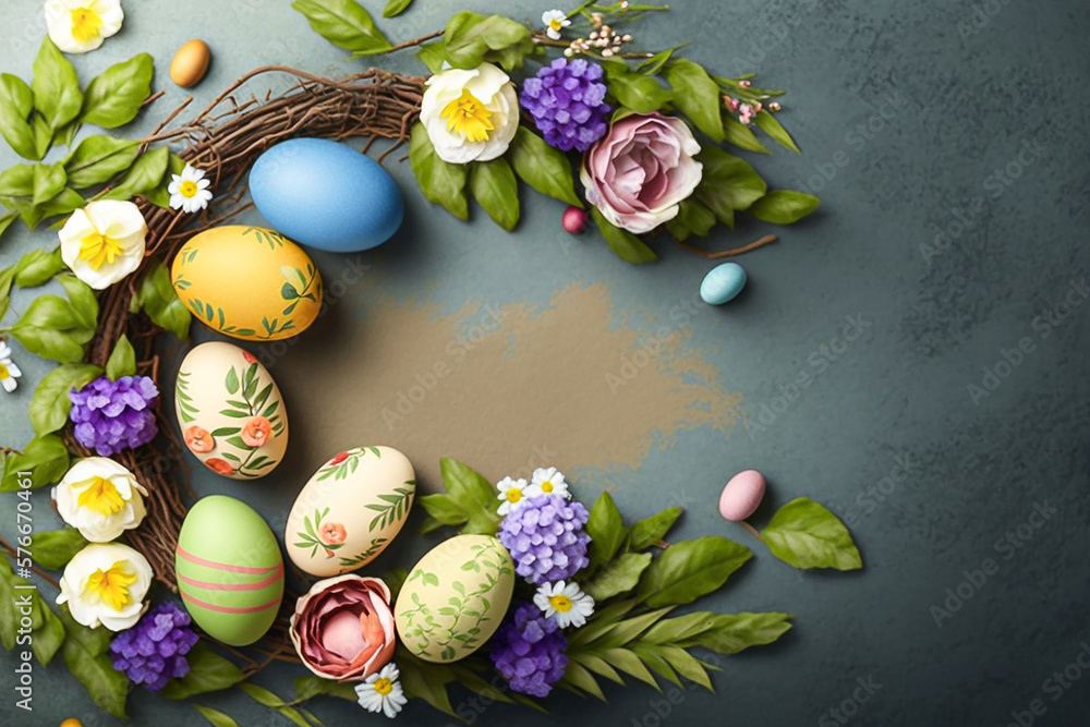 Easter wreath on a dark background. Easter eggs of pastel colors and ...