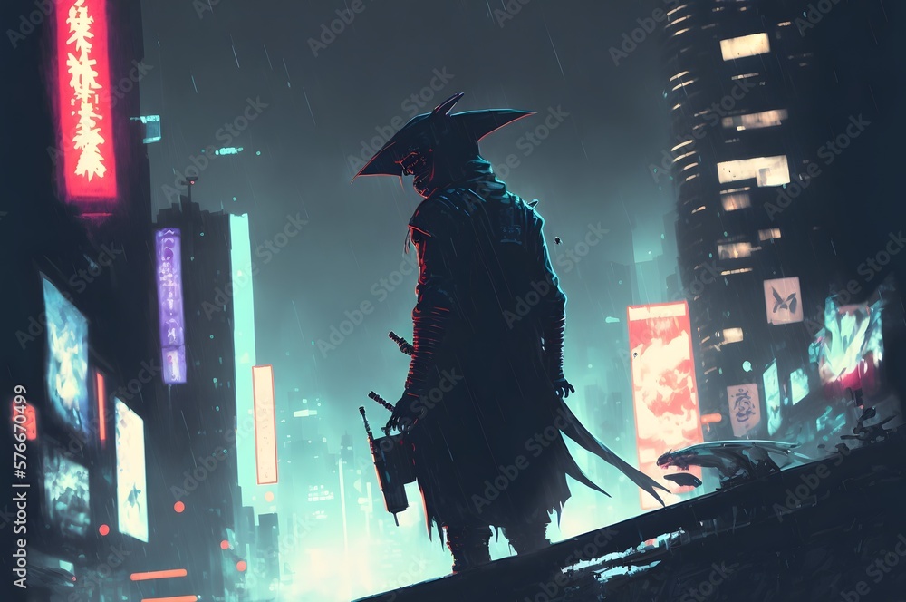 futuristic samurai standing on a building in cyberpunk city at rainy ...