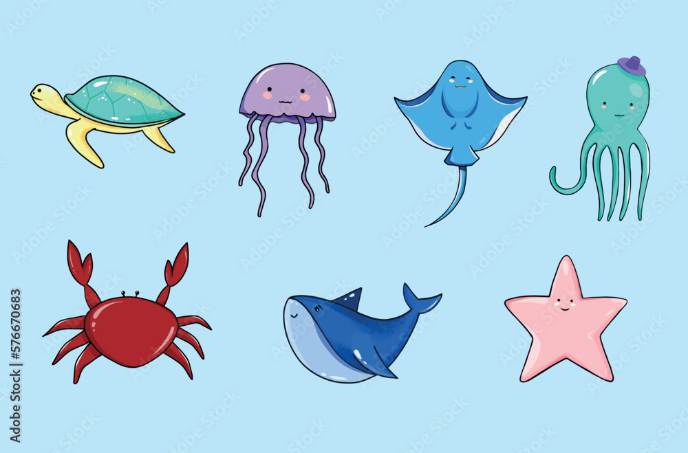 Cute cartoon sea animals. Sea turtle, jellyfish, stingray, octopus ...