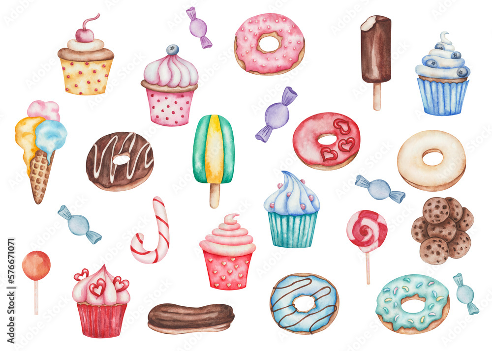 Watercolor illustration. Hand painted confectionery set. Donuts, eclair ...