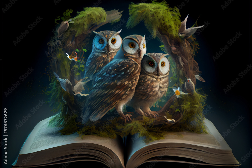 The symbol of wisdom, the owl, sits on an open book. Fairy tale fantasy ...