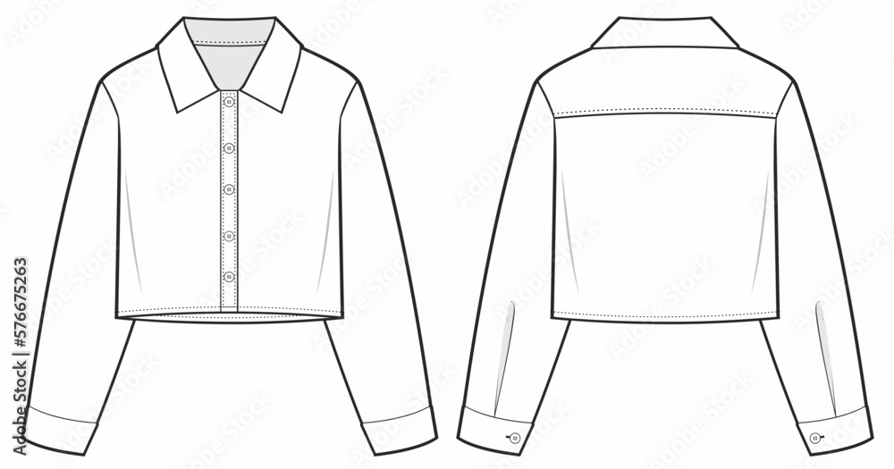 Cropped Long Sleeve Shirt fashion technical drawing template. Long ...