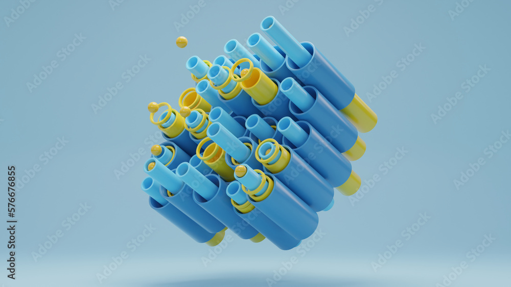 3d rendering of an array of yellow and blue tubes of different ...
