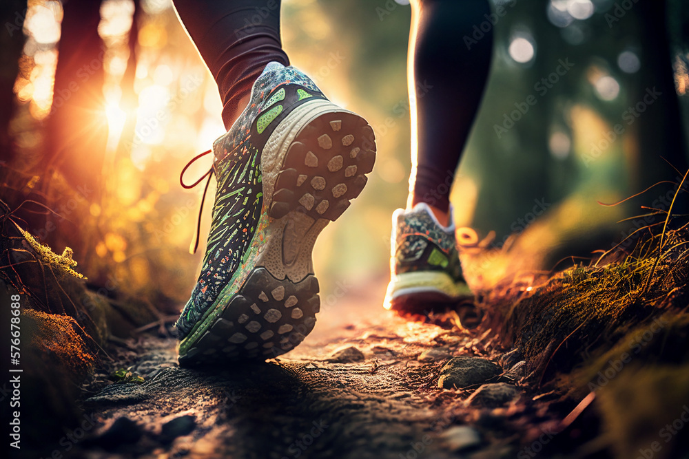 Lady trail runner on forest path with close up of trail running shoes ...