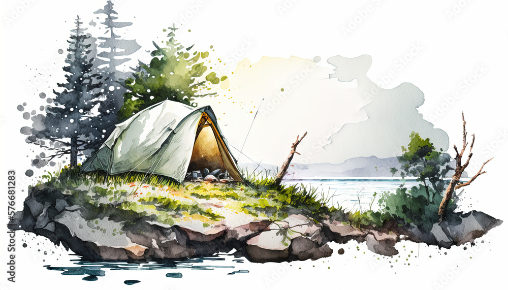 Hiking in the Wilds, camping in a tent - Watercolor - Generative AI Art ...