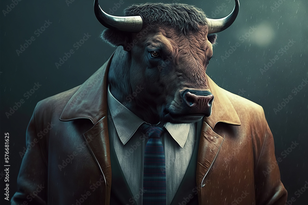 Sad bull as businessman with horns wearing jacket and tie during rain ...