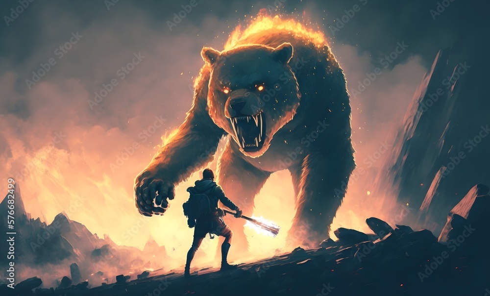 man with a flamethrower fighting with a demon bear, digital art style ...