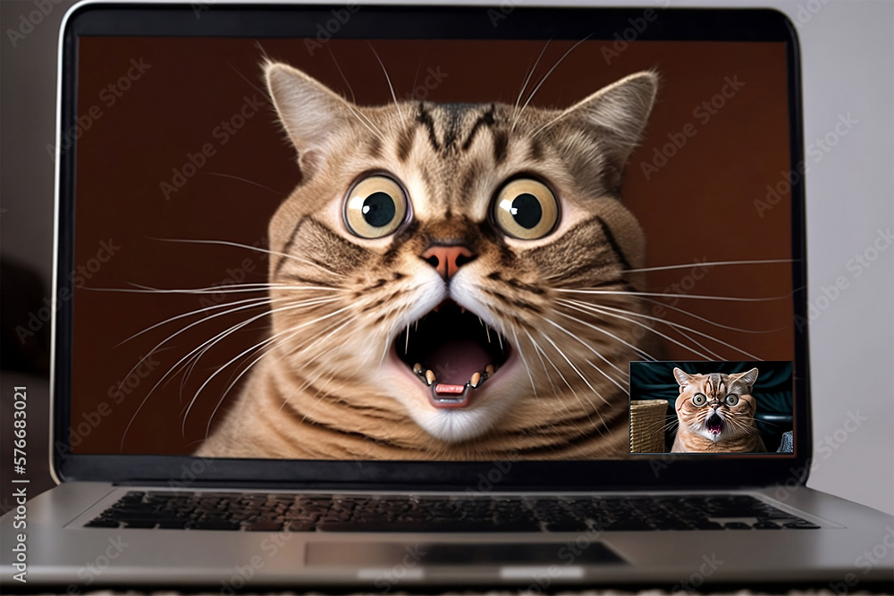 Cat talks emotionally on video call. Generative AI Stock Illustration ...