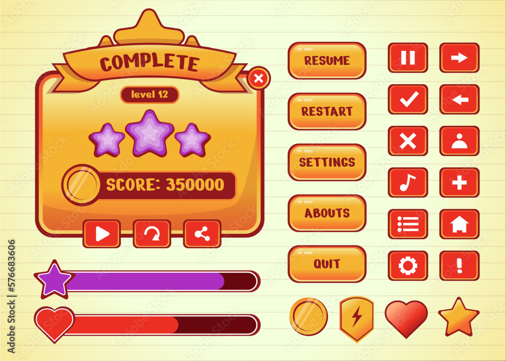 Design for Complete set of score button game pop-up, icon, window and ...