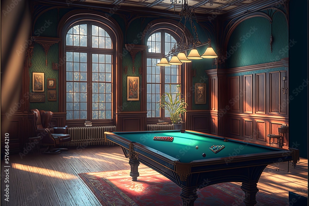 billiard room with a retro atmosphere, with a large table and beautiful ...