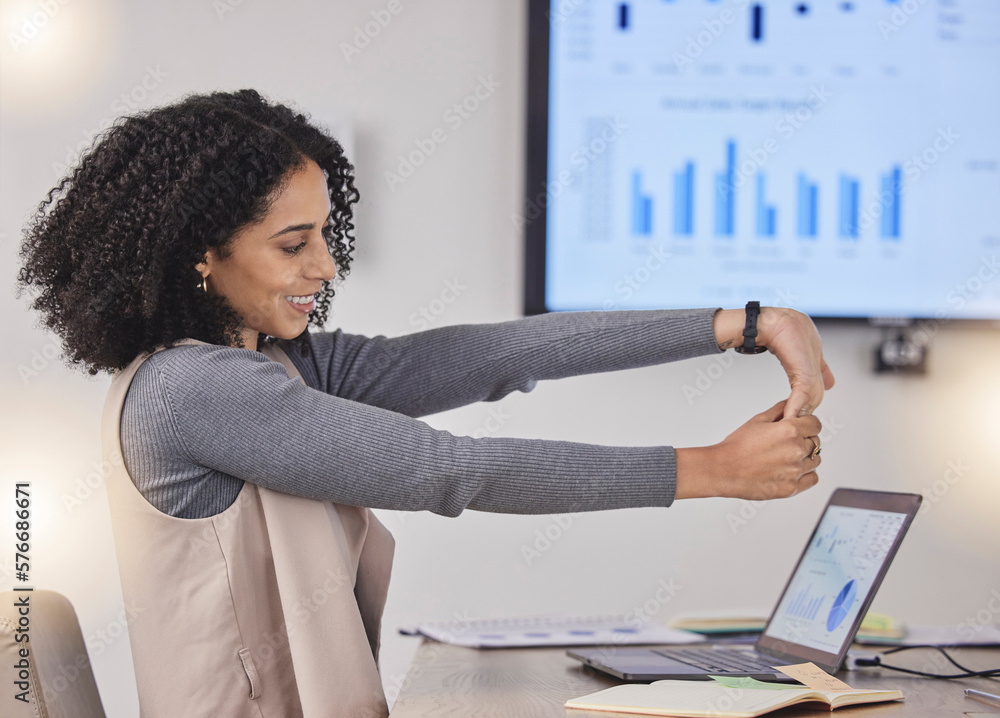 Corporate black woman, table or stretching arms at meeting for finance ...