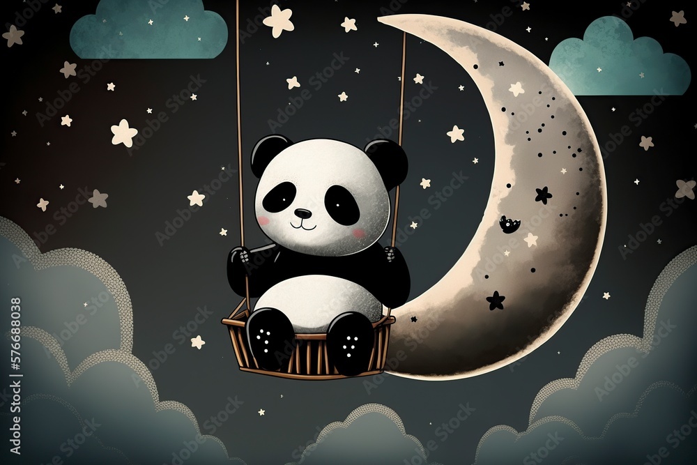 cartoon illustration, shows a happy panda swinging on the moon, ai ...