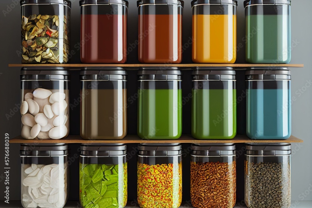 Illustrazione Stock Kitchen jars filled with bulk foods and products ...