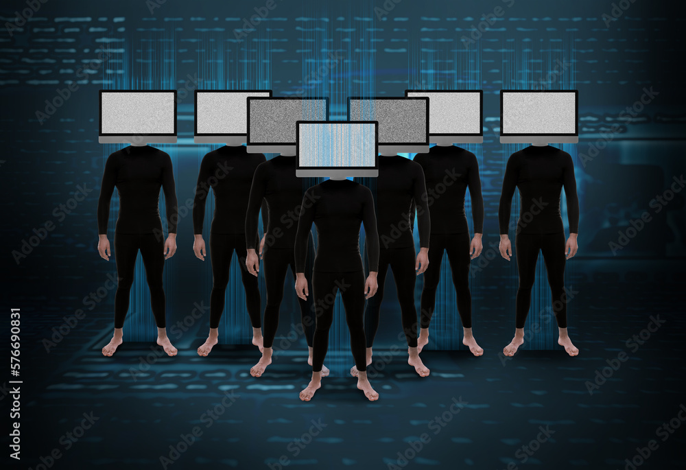 Mind control, brainwashing. Group of people with TV screens instead of ...
