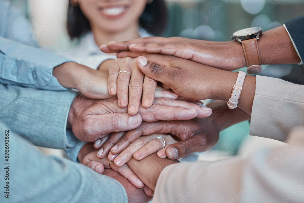 Business people, diversity and hands together in trust, partnership or ...
