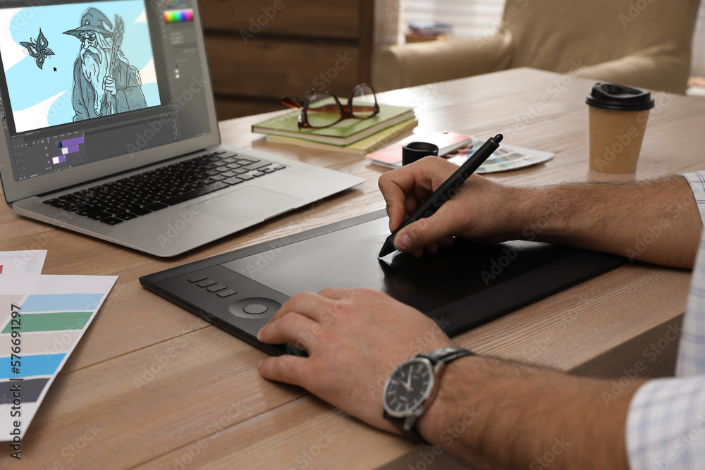 Animator working with graphic tablet and laptop, closeup. Illustration ...