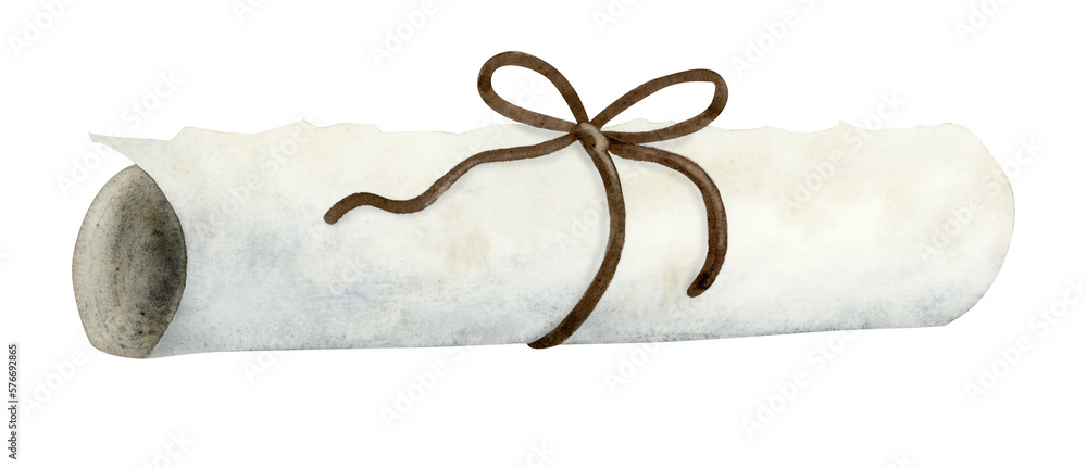 Watercolor hand drawn paper scroll with ribbon bow, graduation diploma ...