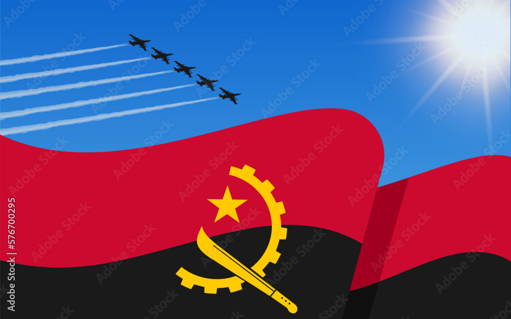 Flag of Angola and a fighter plane formation flying in the sky ...