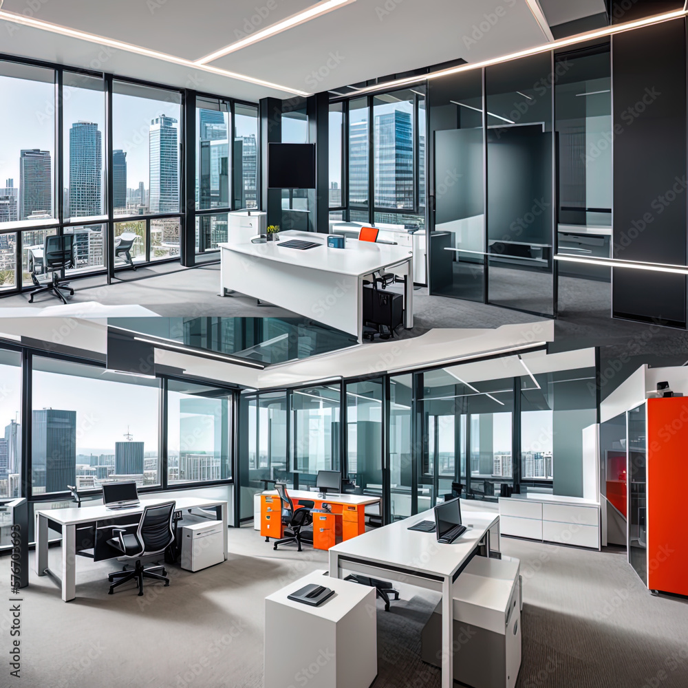 modern, futuristic office room with windows, smart home, screens ...