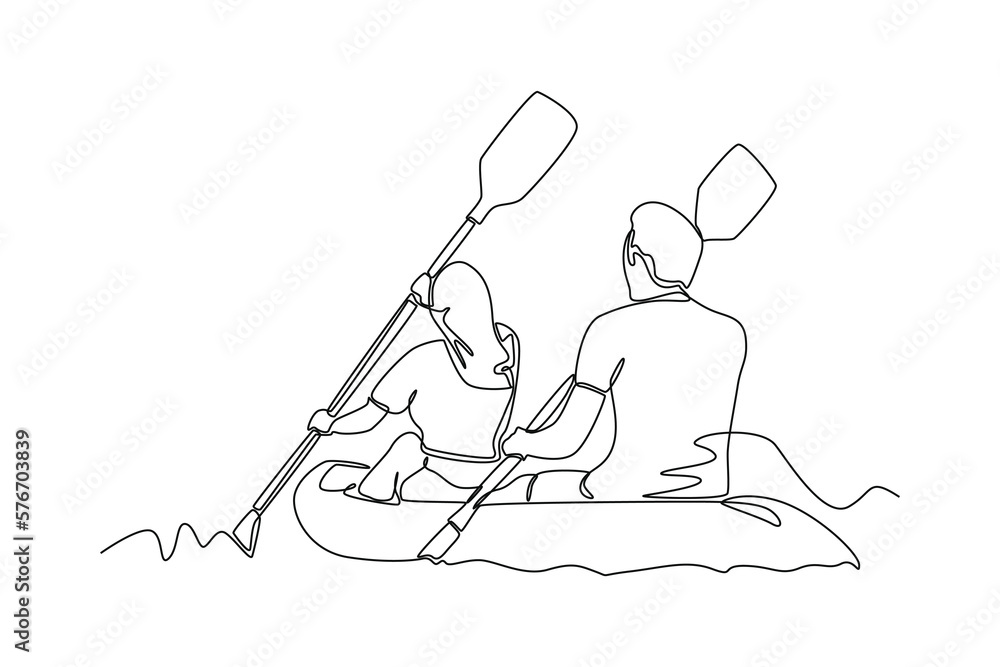 Continuous one line drawing Young couple kayaking on lake together ...