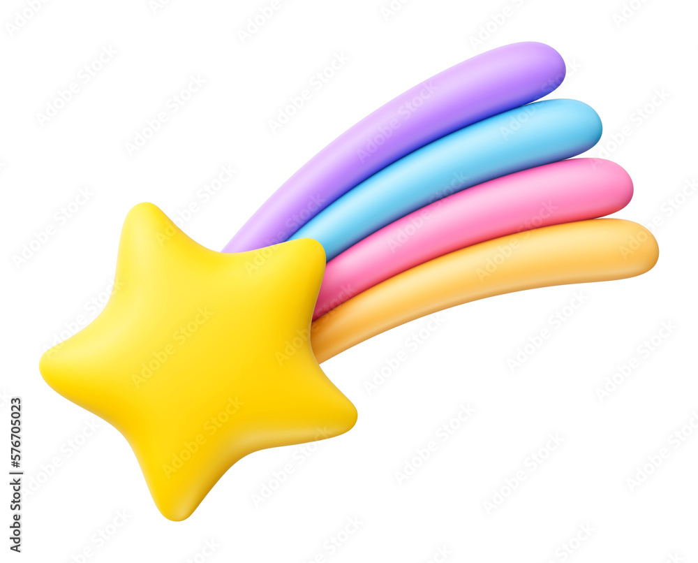 Cute cartoon shooting star with rainbow tail 3d icon isolated on ...