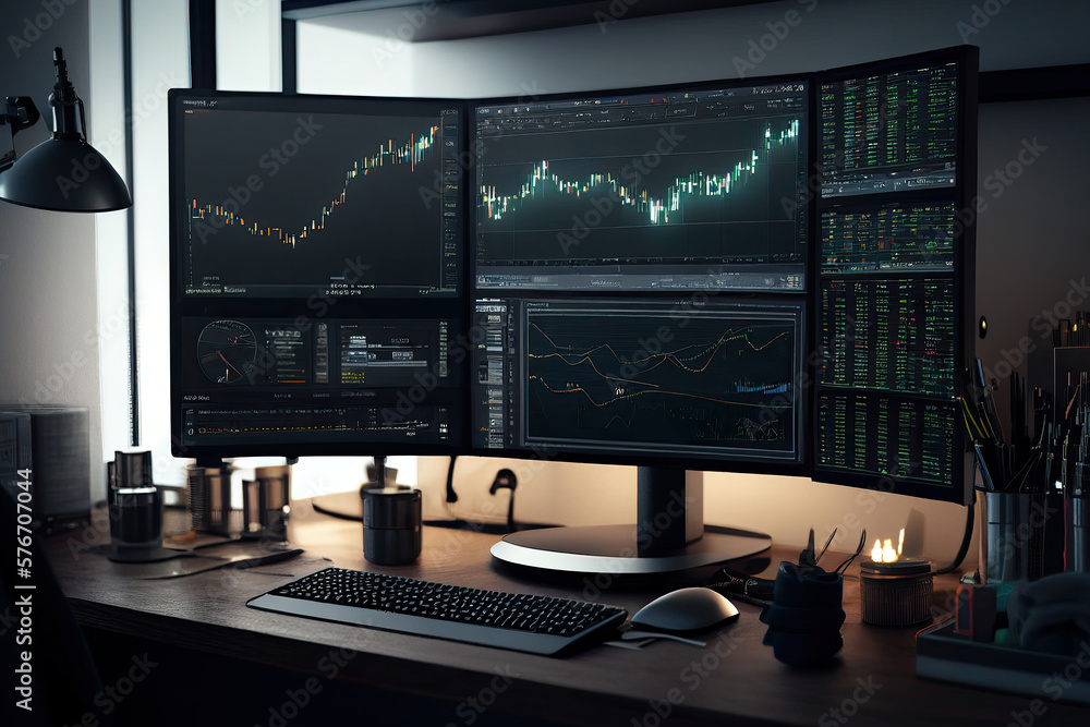 ภาพประกอบสต็อก Trader workplace. Computer monitor with stock market ...