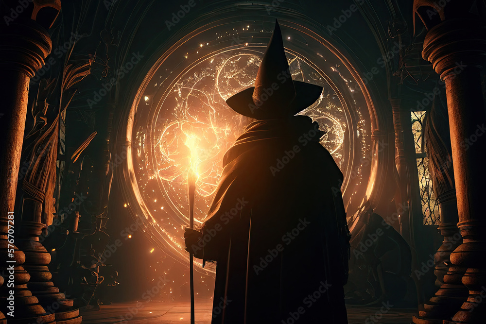 A wizard with a magic staff in hall with sunlight. Concept of magic and ...