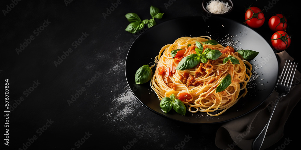 italian food. spaghetti pasta in black plate on dark background ...