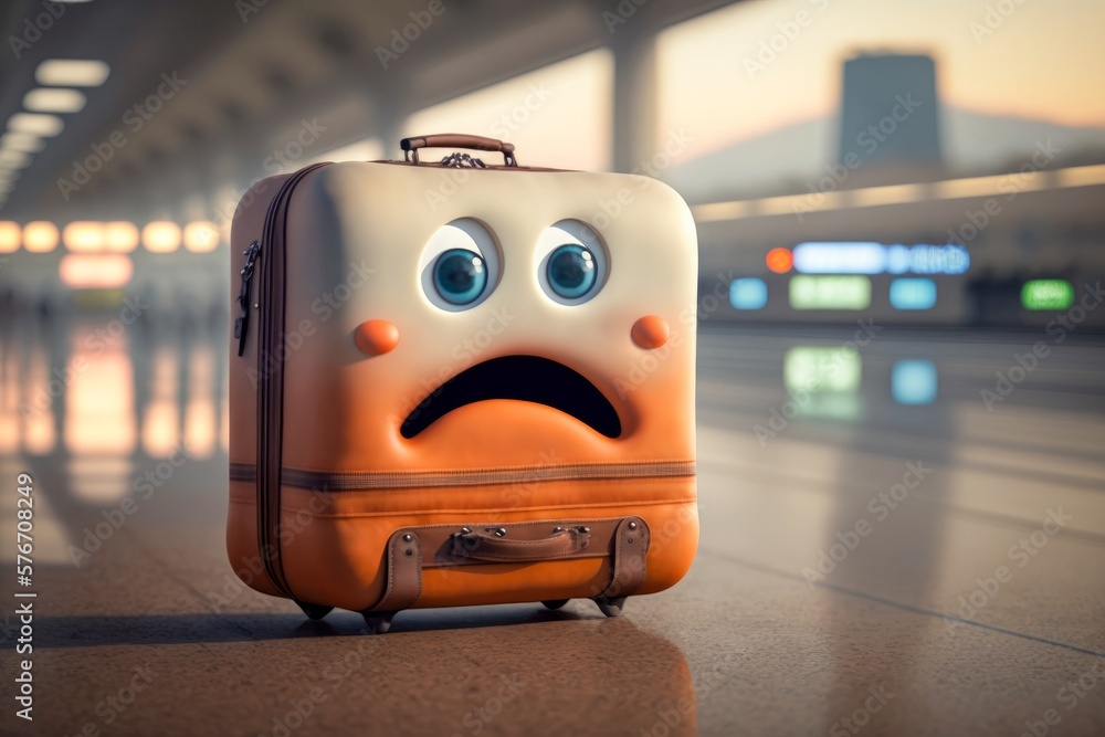 Scared suitcase is lost at airport terminal. Luggage loss, flight ...