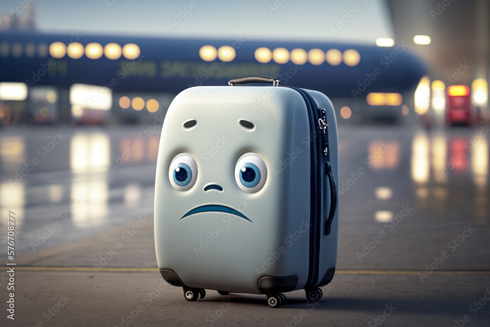 Scared suitcase is lost at airport terminal. Luggage loss, flight ...