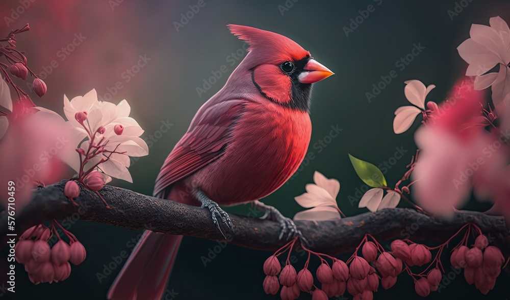 Virginian cardinal on the branch among leaves and flowers in forest ...