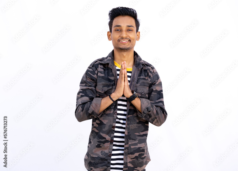 Front Angle of Boy Saying Hello In Indian Style( Namaste) with Smiling ...