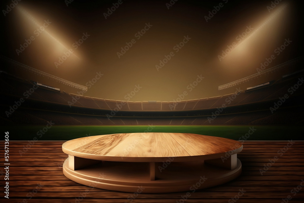 Empty wooden table top product display showcase stage with large sports ...