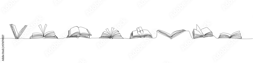 A set of several open books with protruding pages one line art ...