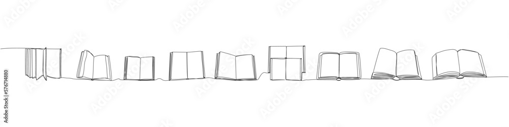 A set of several open books lying on the table one line art. Continuous ...