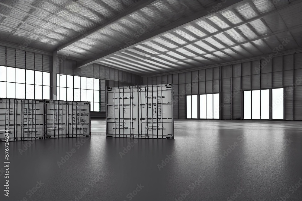 Cargo container with boxes. Empty warehouse with sea container ...