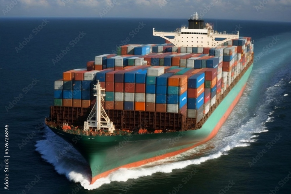 Fully loaded container ship cruising open ocean sea. Cargo ship ...