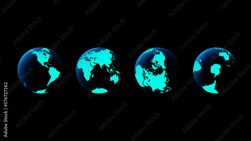 Digital Earth globe icons. Isolated globe on black background. Earth ...
