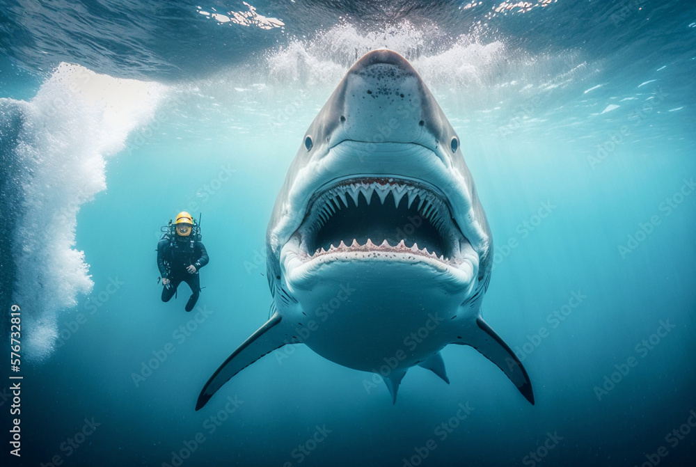 scared shocked diver and an adult great shark with a large mouth and ...