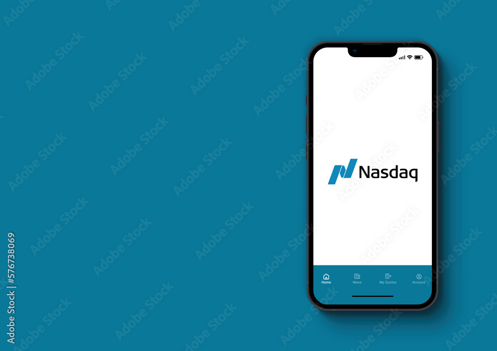 Nasdaq Stock Exchange app on the smartphone iPhone screen. Blue ...