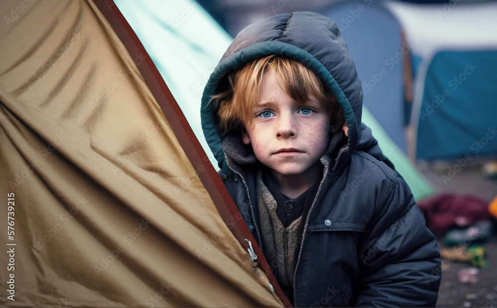 homeless and in poverty in a tent city, alone and discouraged and sad ...