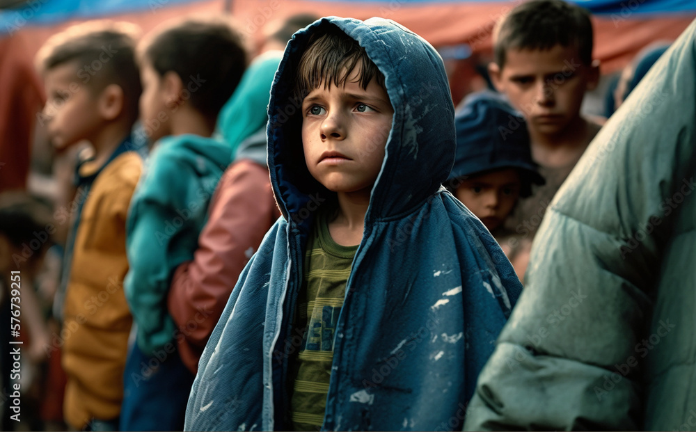 homeless and in poverty in a tent city, alone and discouraged and sad ...