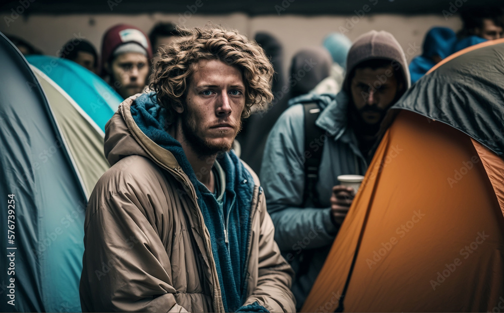 homeless and in poverty in a tent city, alone and discouraged and sad ...