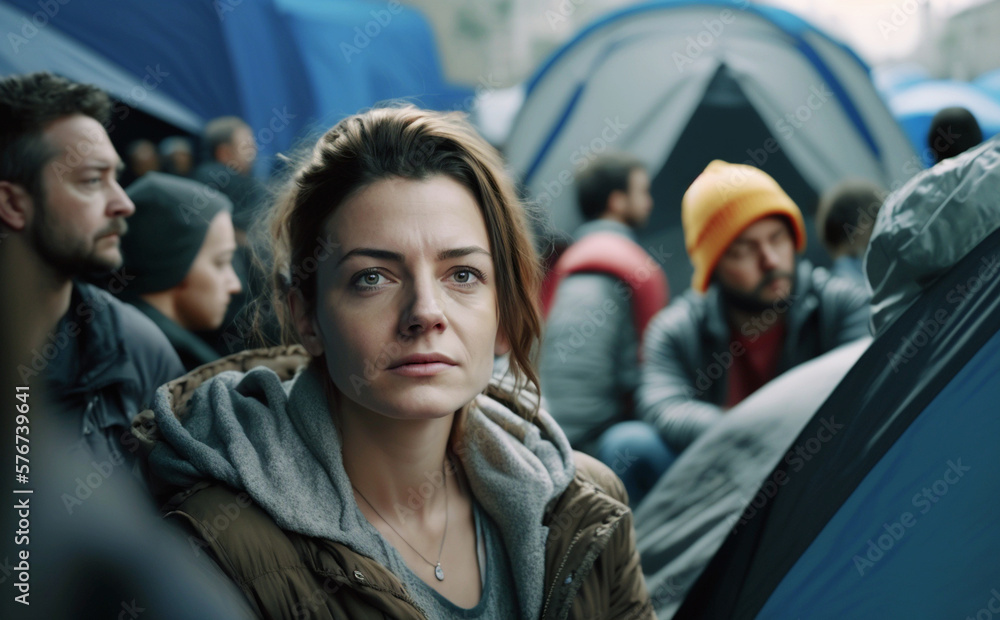 homeless and in poverty in a tent city, alone and discouraged and sad ...