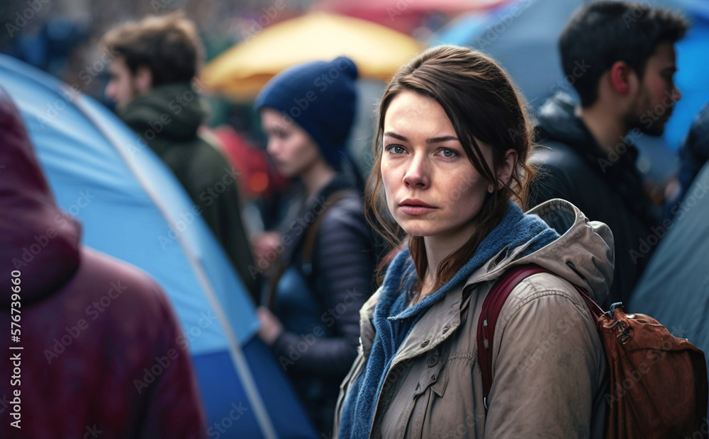 homeless and in poverty in a tent city, alone and discouraged and sad ...