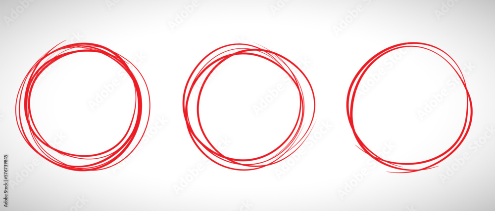 Red circle line hand drawn set. Highlight hand drawing circle isolated ...