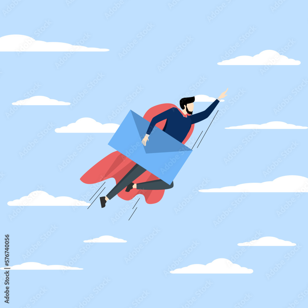 Email Communication concept, businessman superhero carrying big email ...