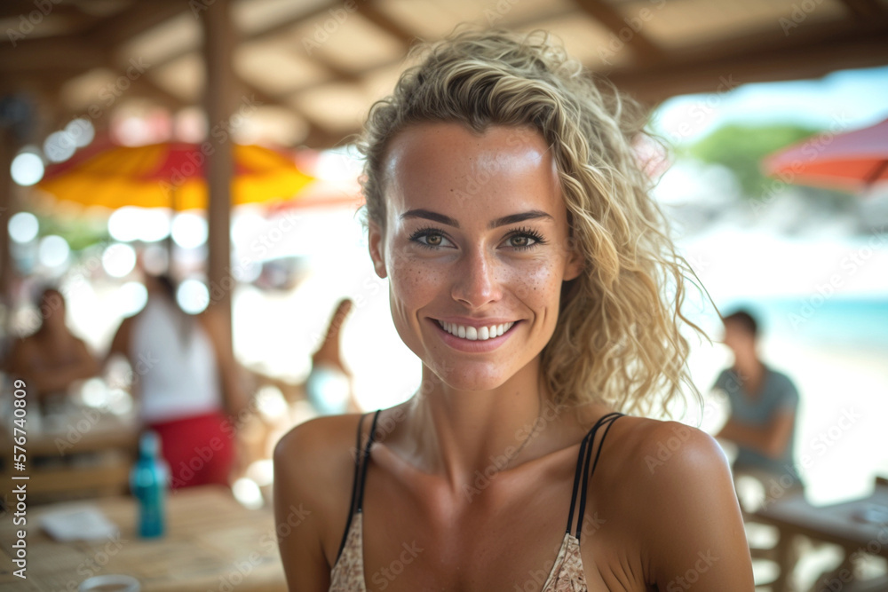young adult woman on a beach restaurant or beach bar or beach hotel ...