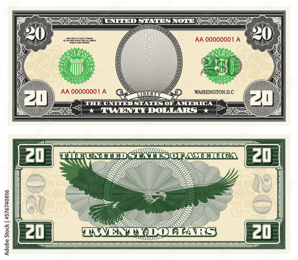 Vector gray banknote obverse and green reverse. Denomination twenty US ...